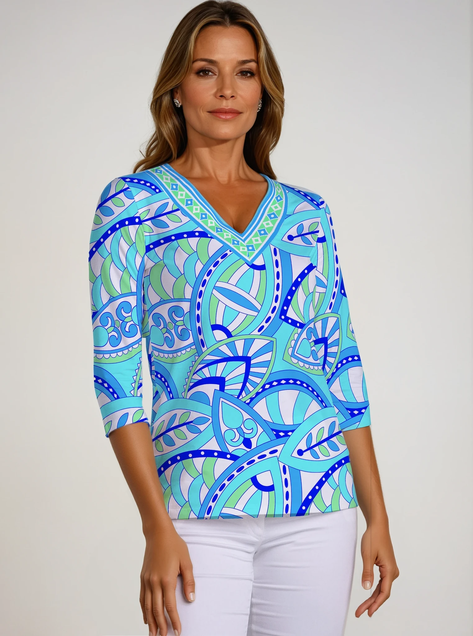 Valencia Print Cotton Knit 3/4 Sleeve V-Neck Top – Rezobay