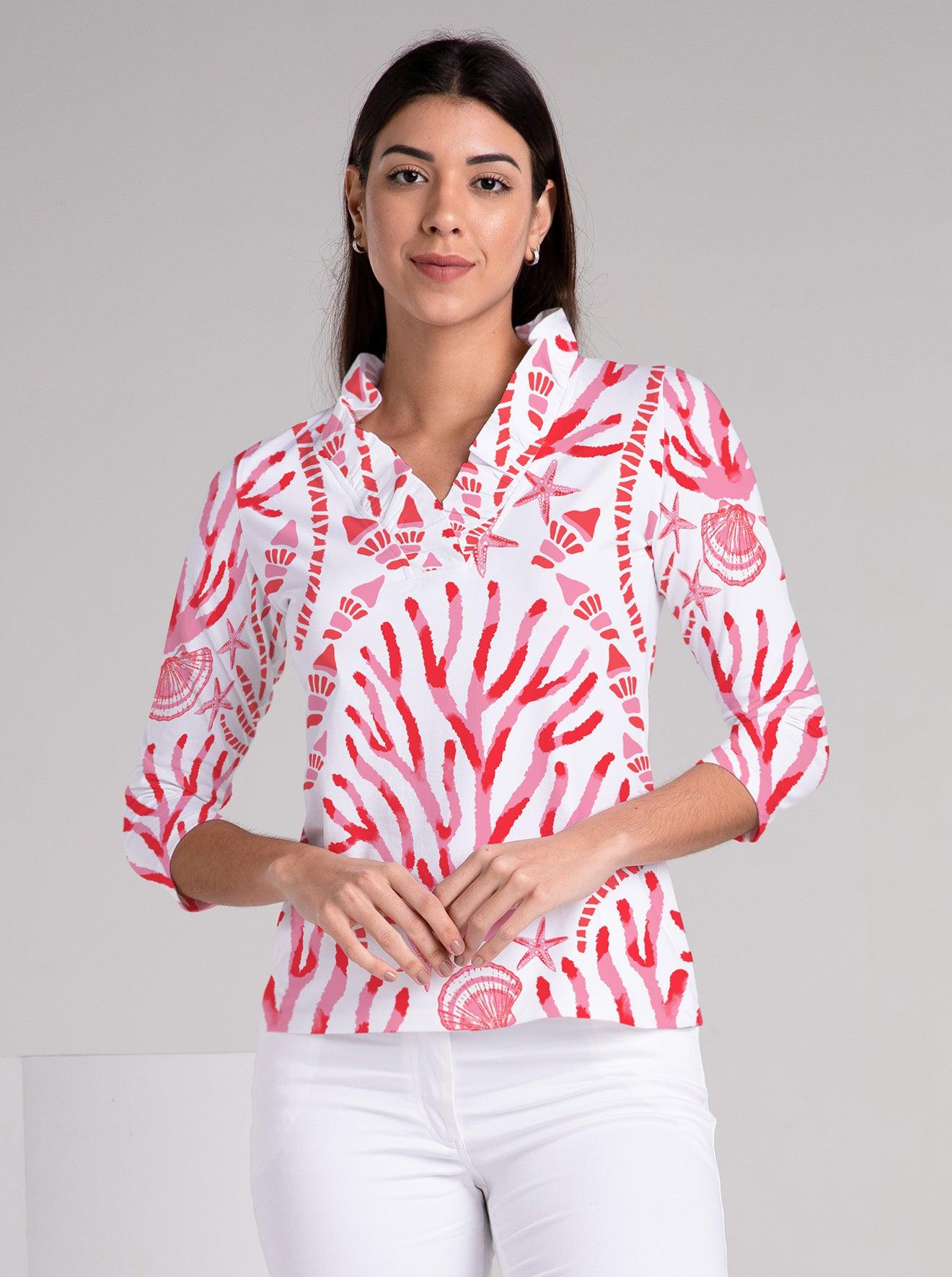 Coralia print cotton Knit 3/4 Sleeve Ruffle Portrait Neck Top – Rezobay