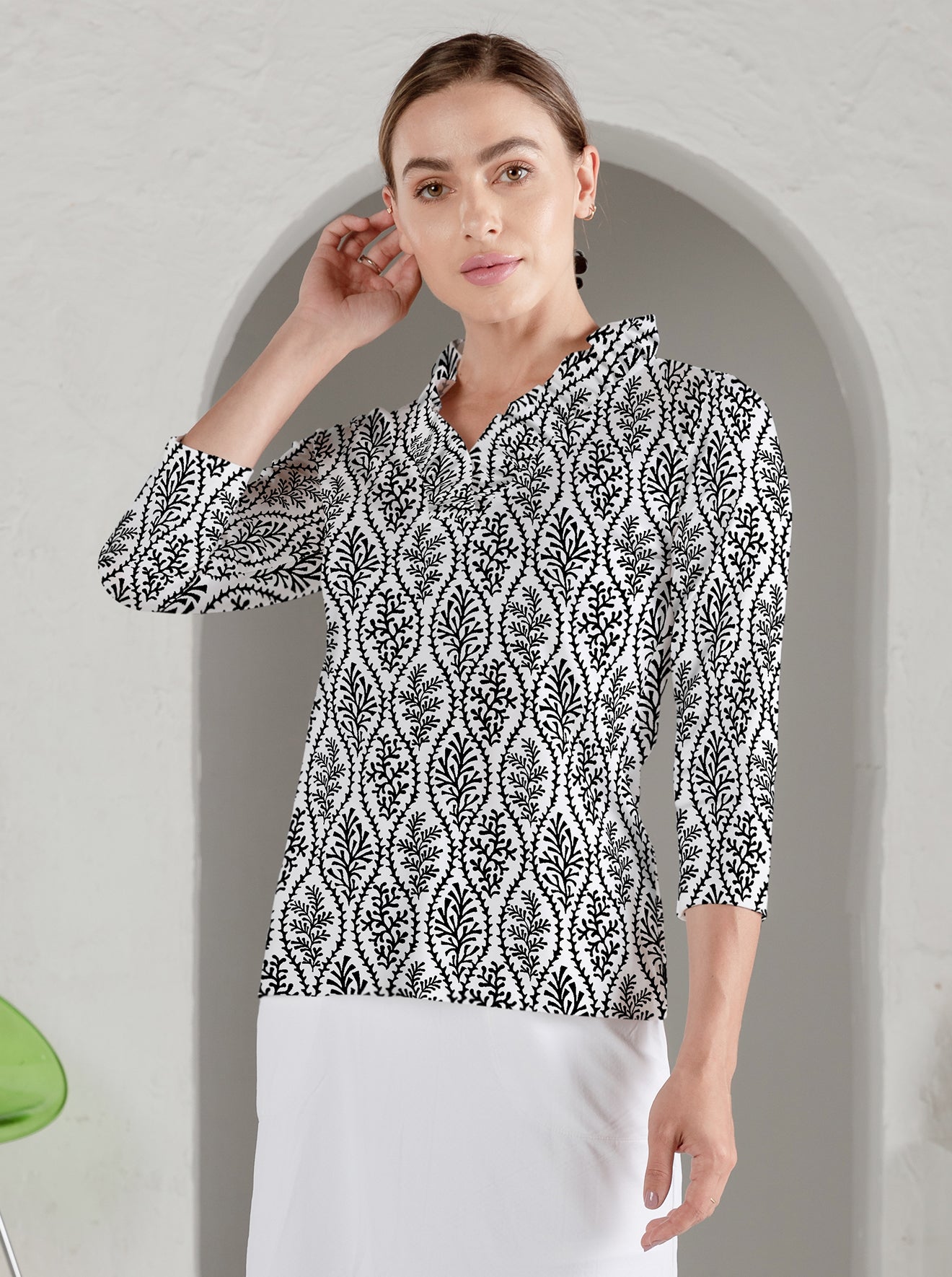 St. Lucia Print Cotton Knit 3/4 Sleeve Ruffle Portrait Neck Top – Rezobay