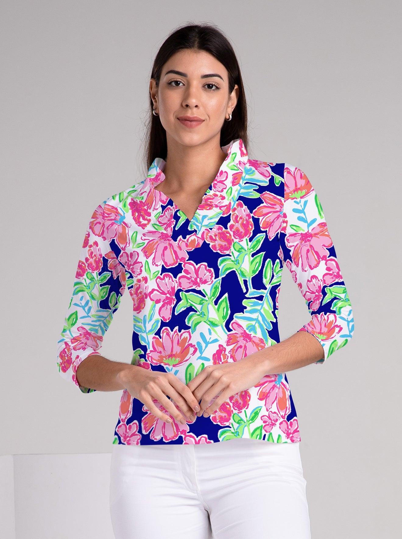 Tuscan Print Cotton Knit 3/4 Sleeve Ruffle Portrait Neck Top – Rezobay