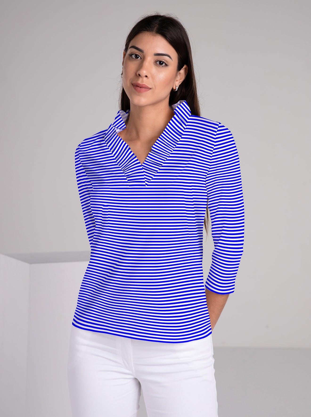 Verona stripe print cotton Knit 3/4 Sleeve Ruffle Portrait Neck Top ...
