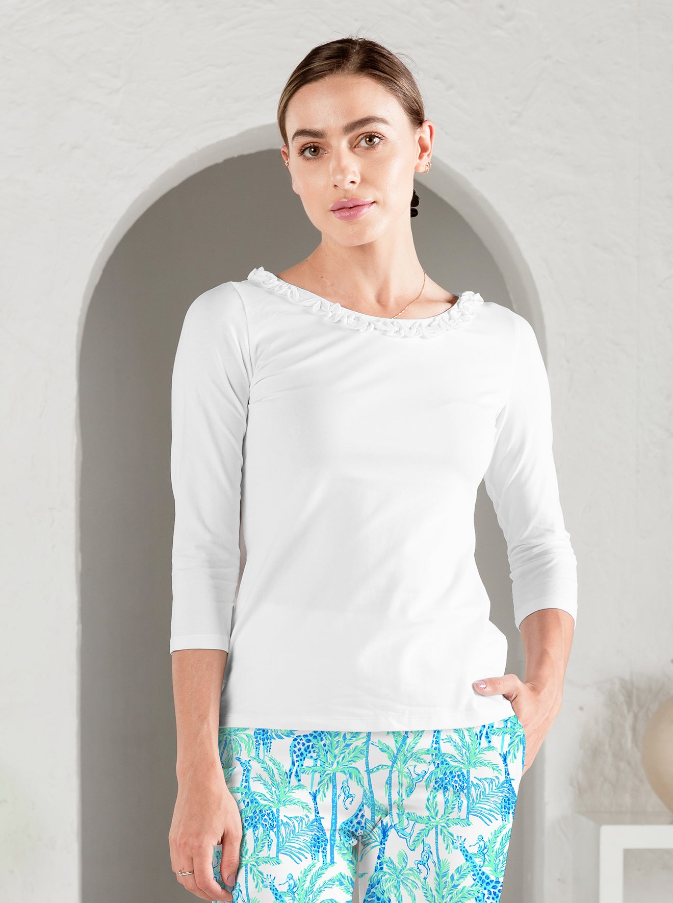 Solid Knit 3/4 Sleeve Ruffle Scoop Neck Top – Rezobay