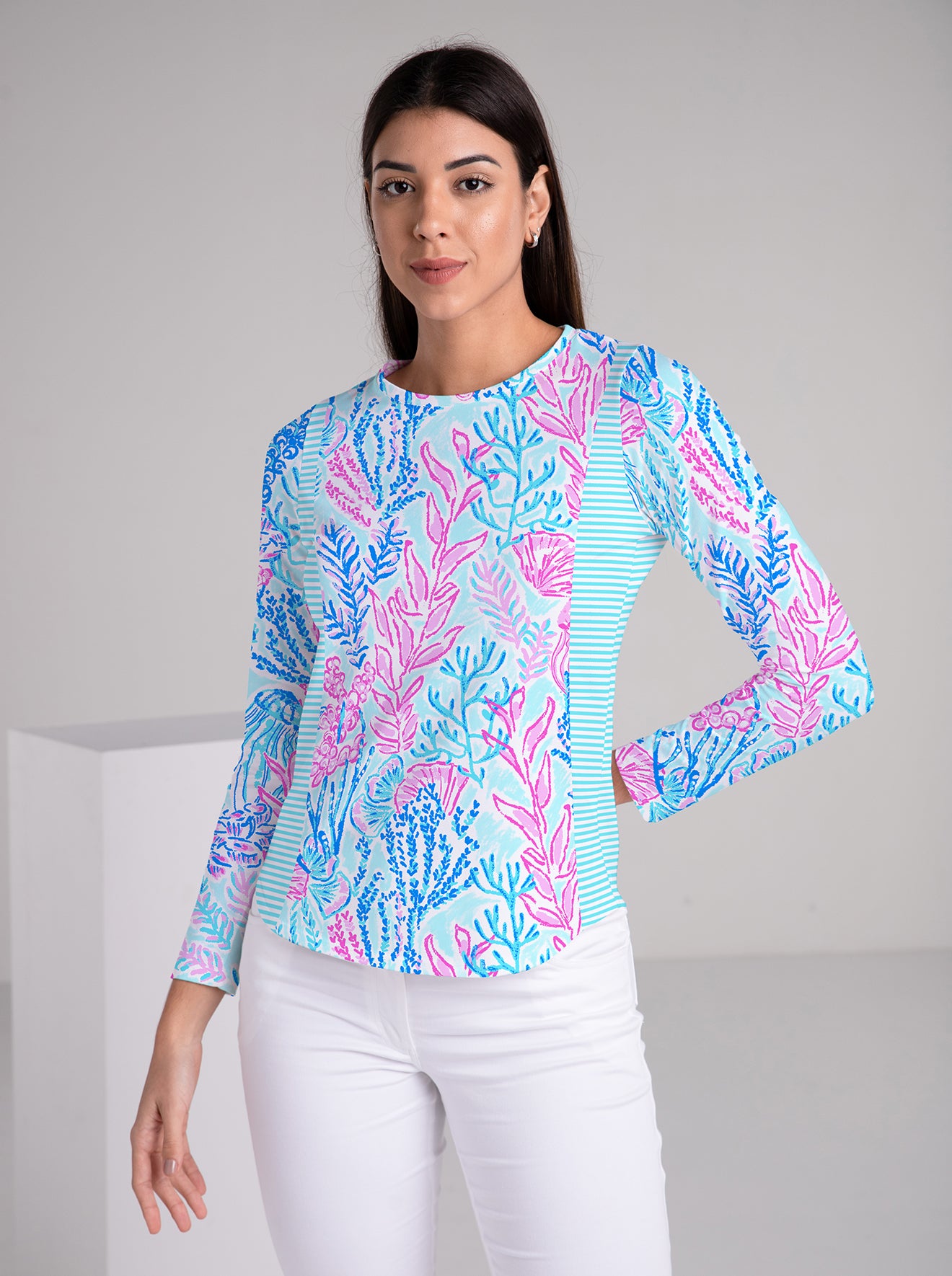 Deep Sea Print With Stripes Cotton knit Full Sleeve Crew Neck Top – Rezobay