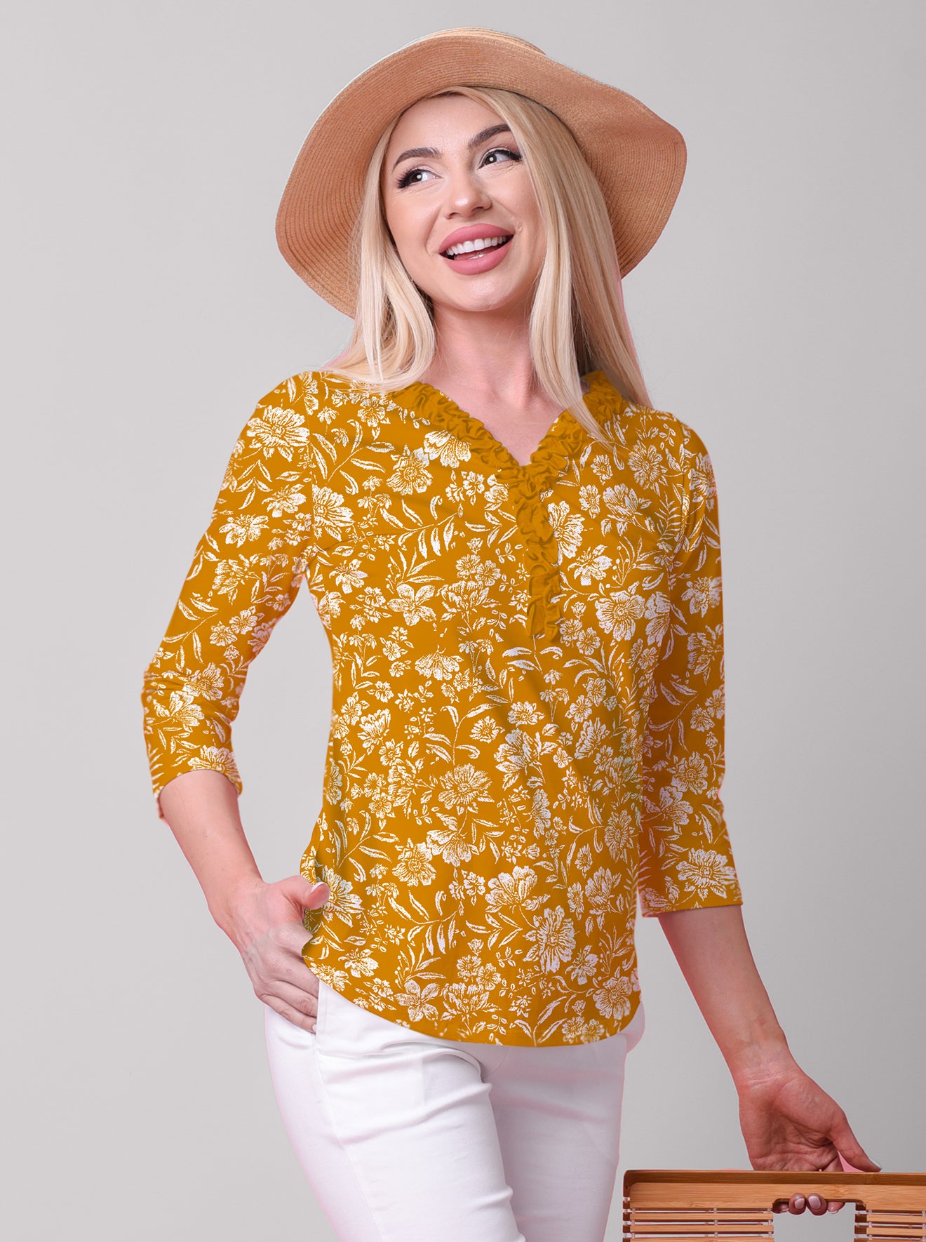 Natalia Print Cotton Knit 3/4 Sleeve Frill Neck Top – Rezobay