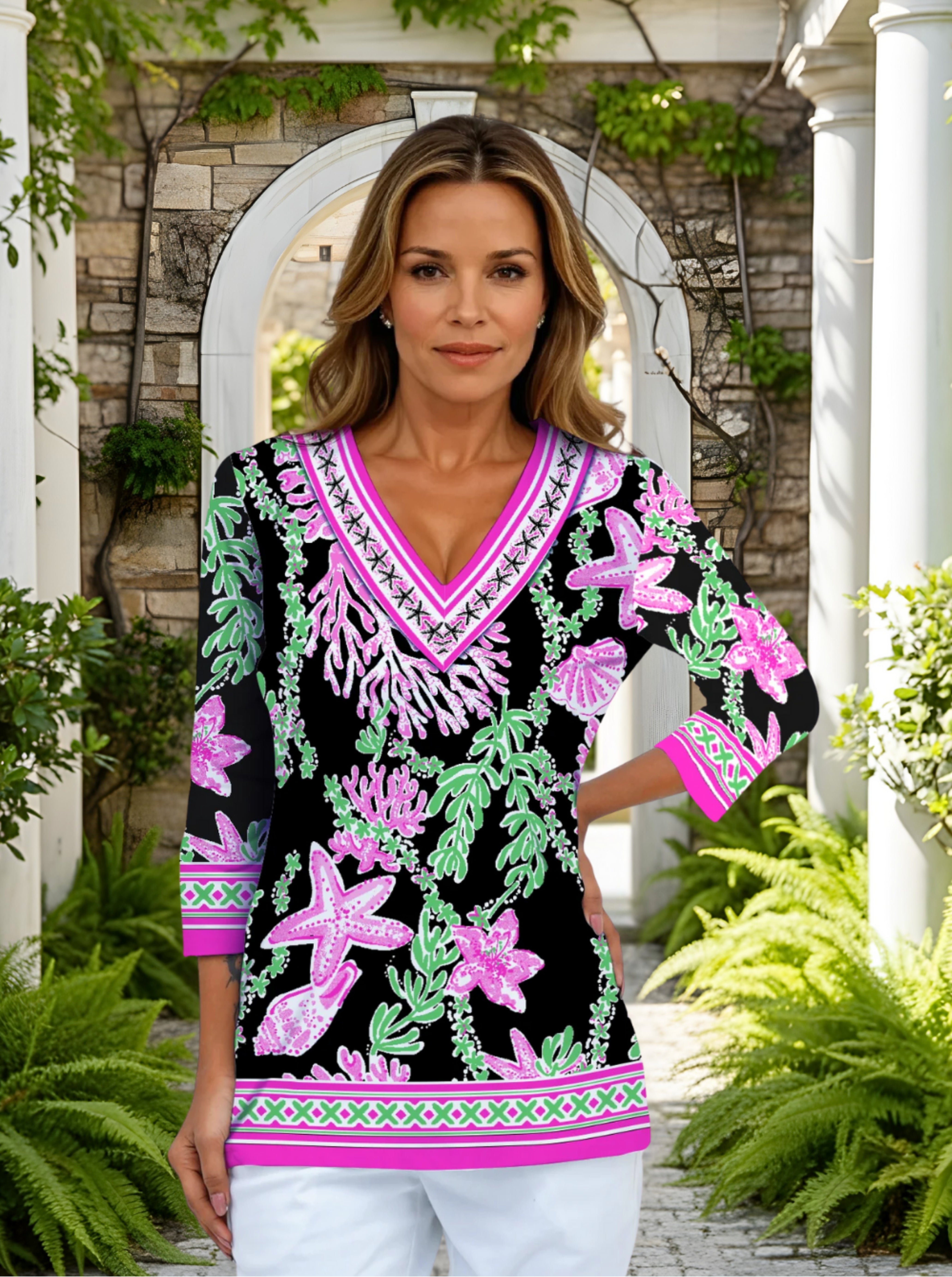 Bermuda Reef Print Cotton Knit 3/4 Sleeve V-Neck Top – Rezobay