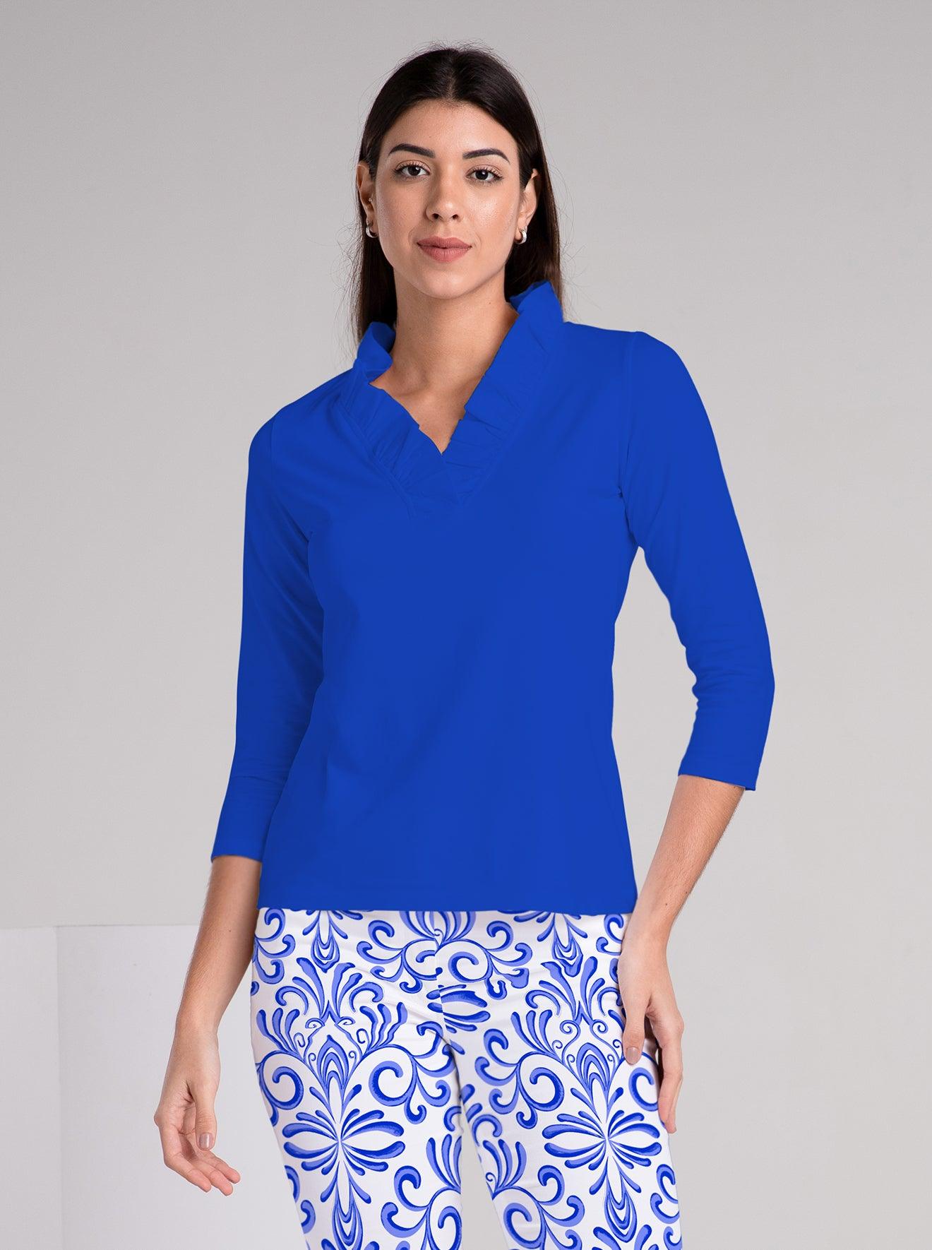 Solid Knit 3/4 Sleeve Ruffle Portrait Neck Top – Rezobay